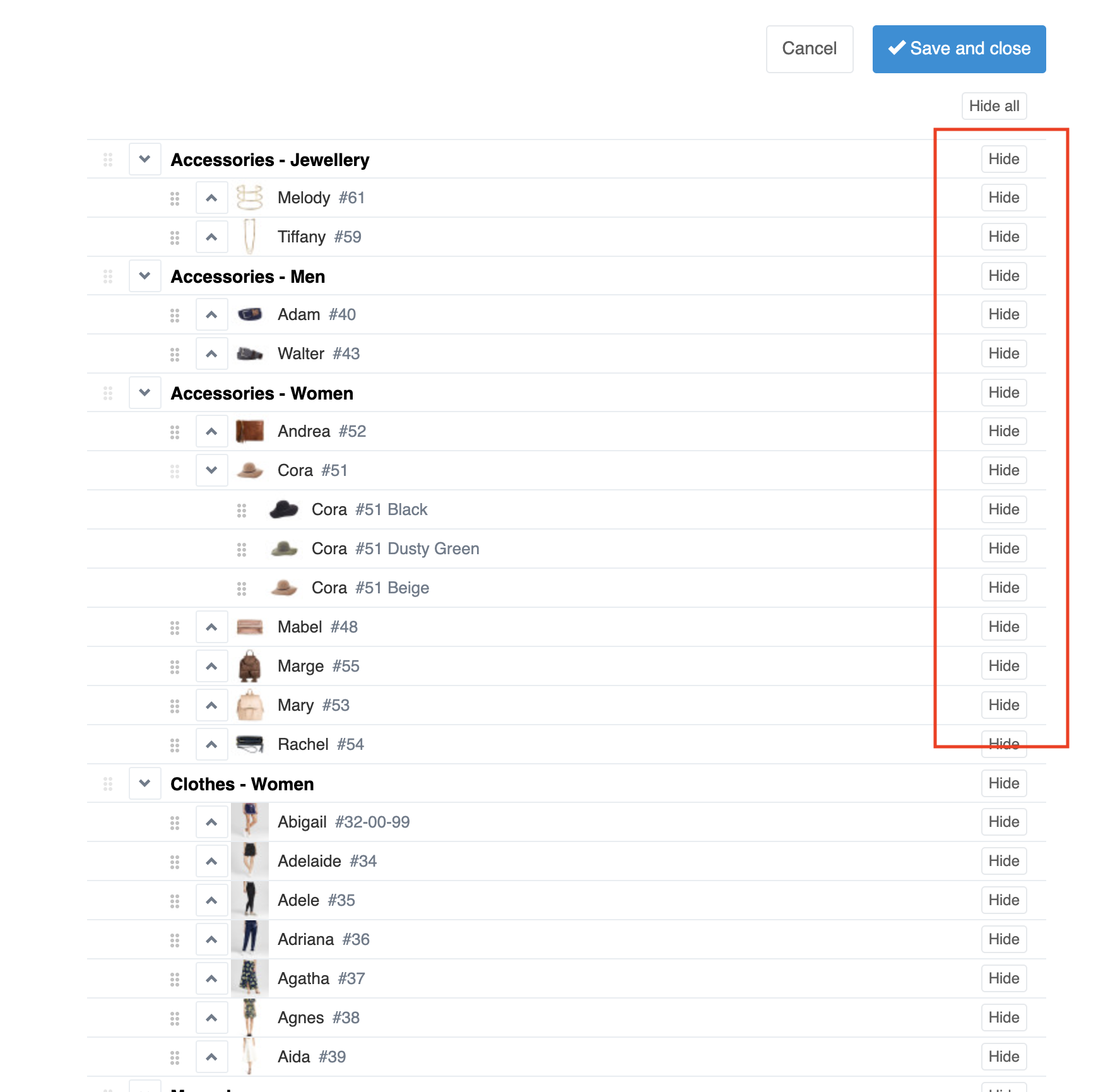 Manually hiding and sorting sections, products and colors/variants in ... Manually hiding and sorting sections, products and colors/variants in ...